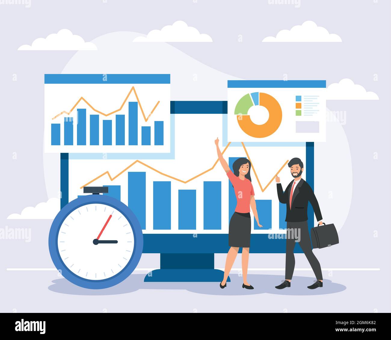 businesspeople and computer with infographics on white background Stock ...
