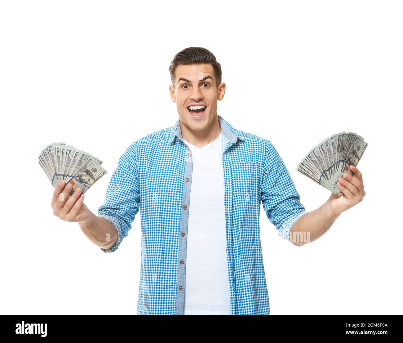 Happy man with money on white background Stock Photo - Alamy