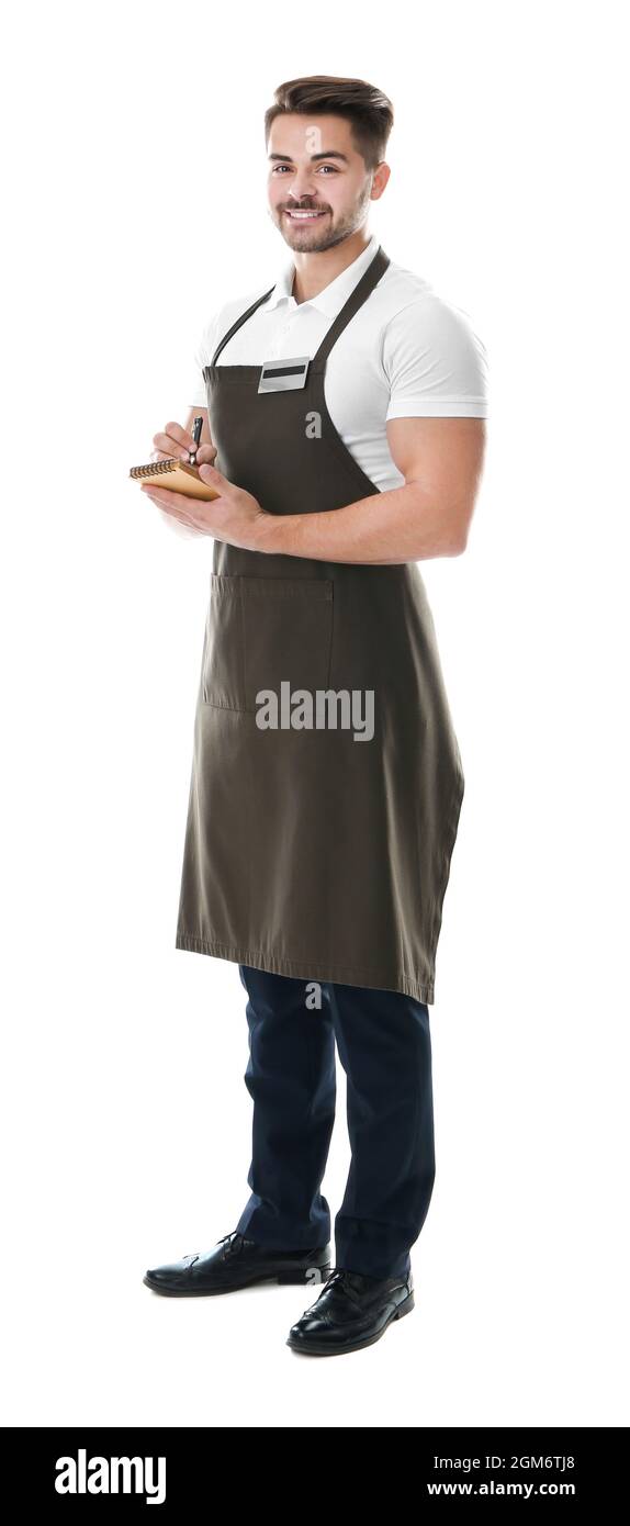 Waiter writing down order on white background Stock Photo - Alamy