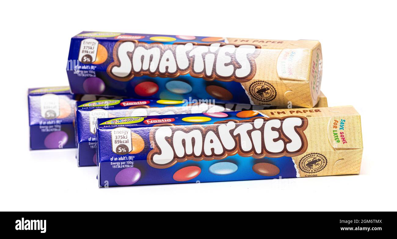 Tube of Smarties in the new 100% recyclable paper packaging Stock Photo ...