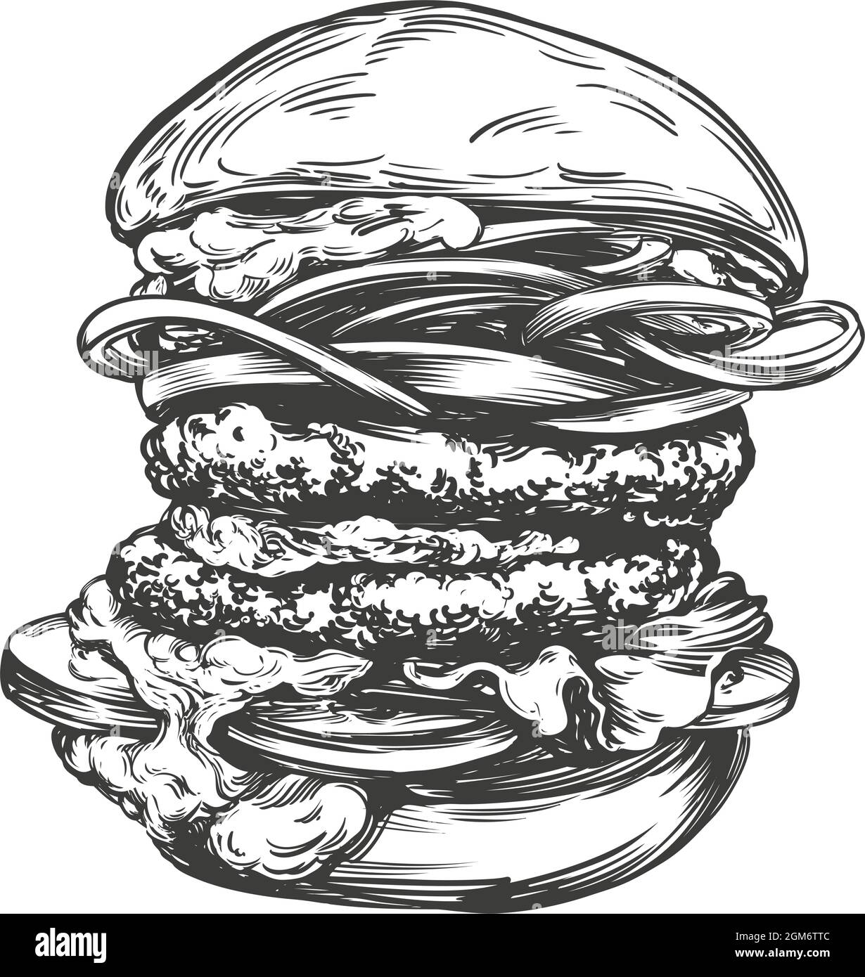 big burger, hamburger hand drawn vector illustration realistic sketch ...