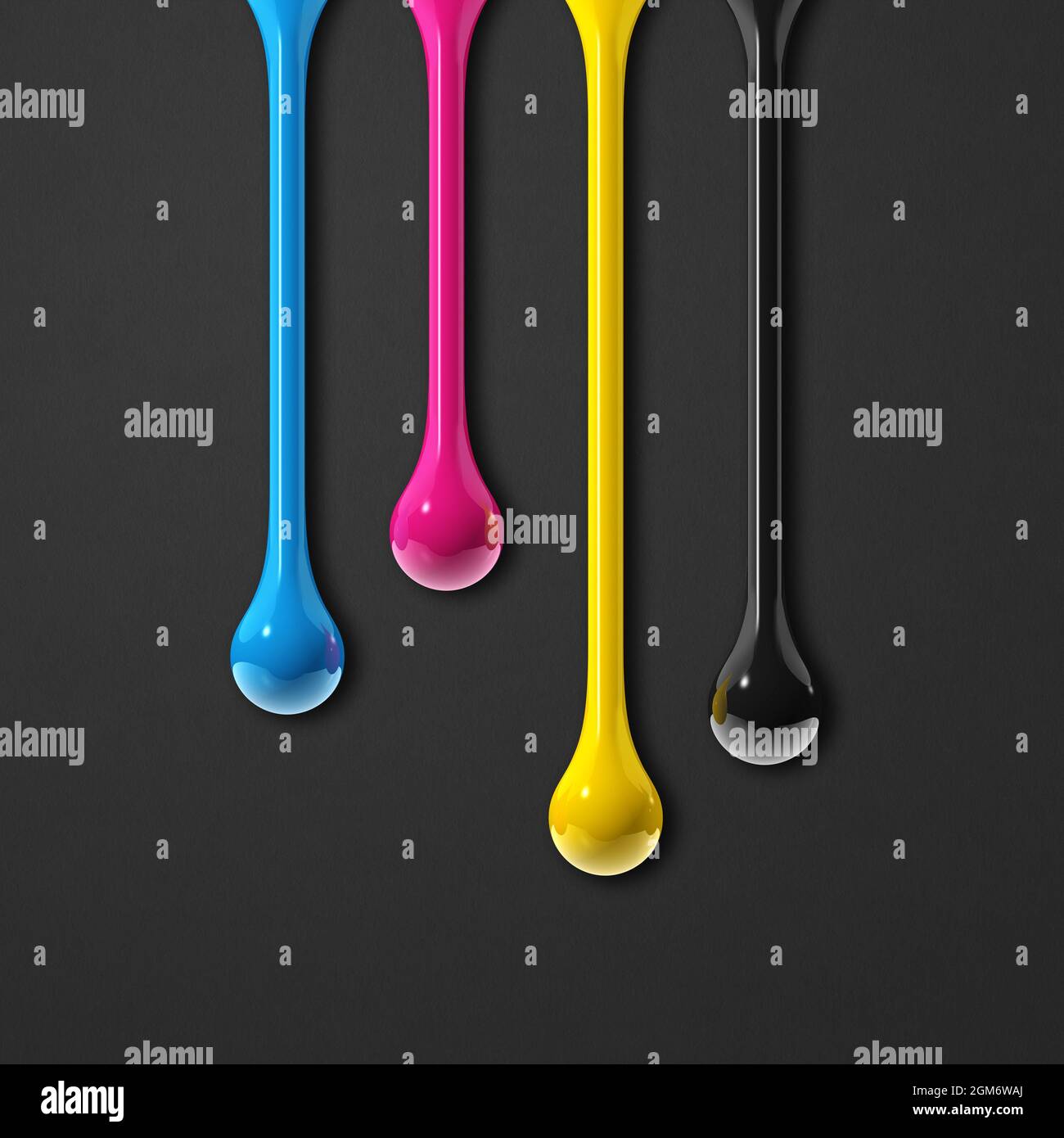 3D cmyk ink drops isolated on black paper background. square wallpaper ...