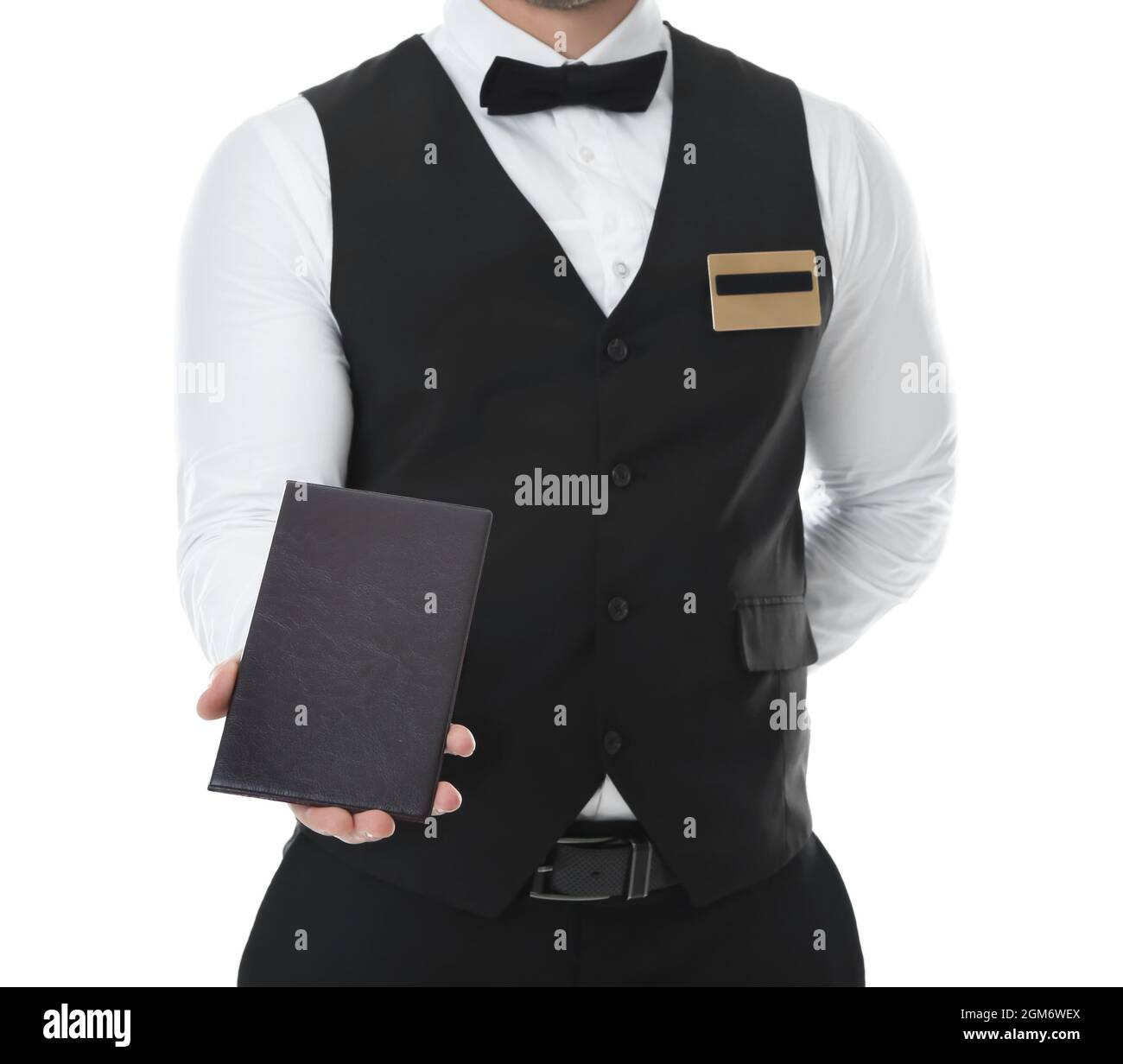 Waiter handing check on white background Stock Photo - Alamy