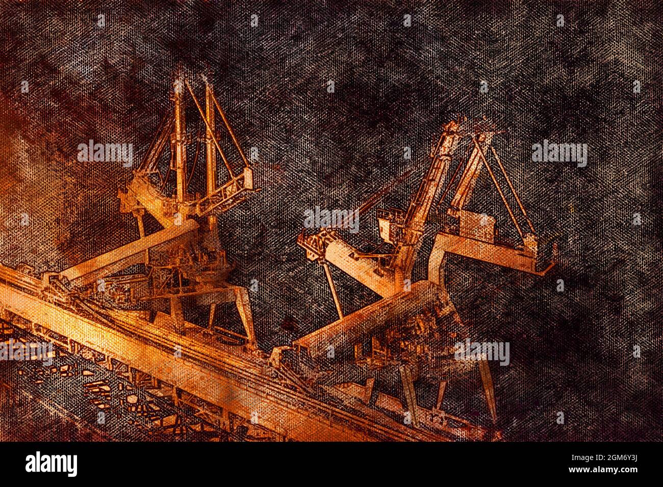 Aerial view of a commercial port at night. Two loading machines Stock ...