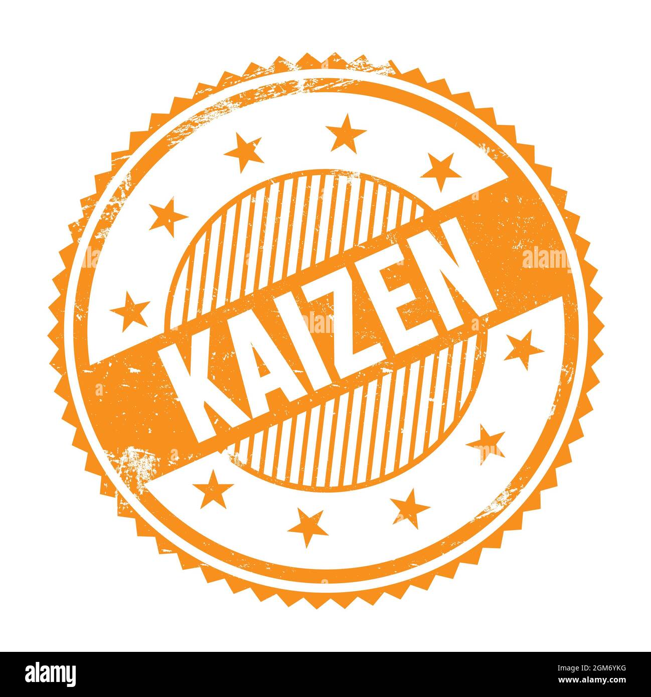 KAIZEN text written on orange grungy zig zag borders round stamp Stock ...