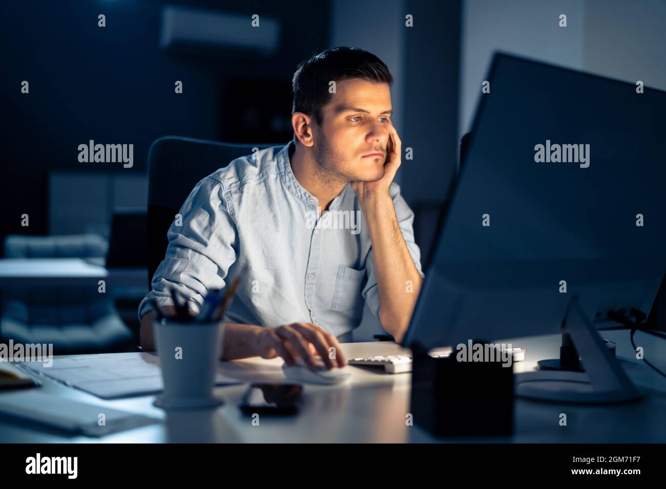 Business Analyst Businessman Working Late On Computer In Office Stock ...