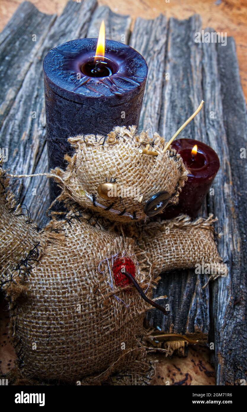 classic mystical voodoo doll made of burlap for performing an magic ...