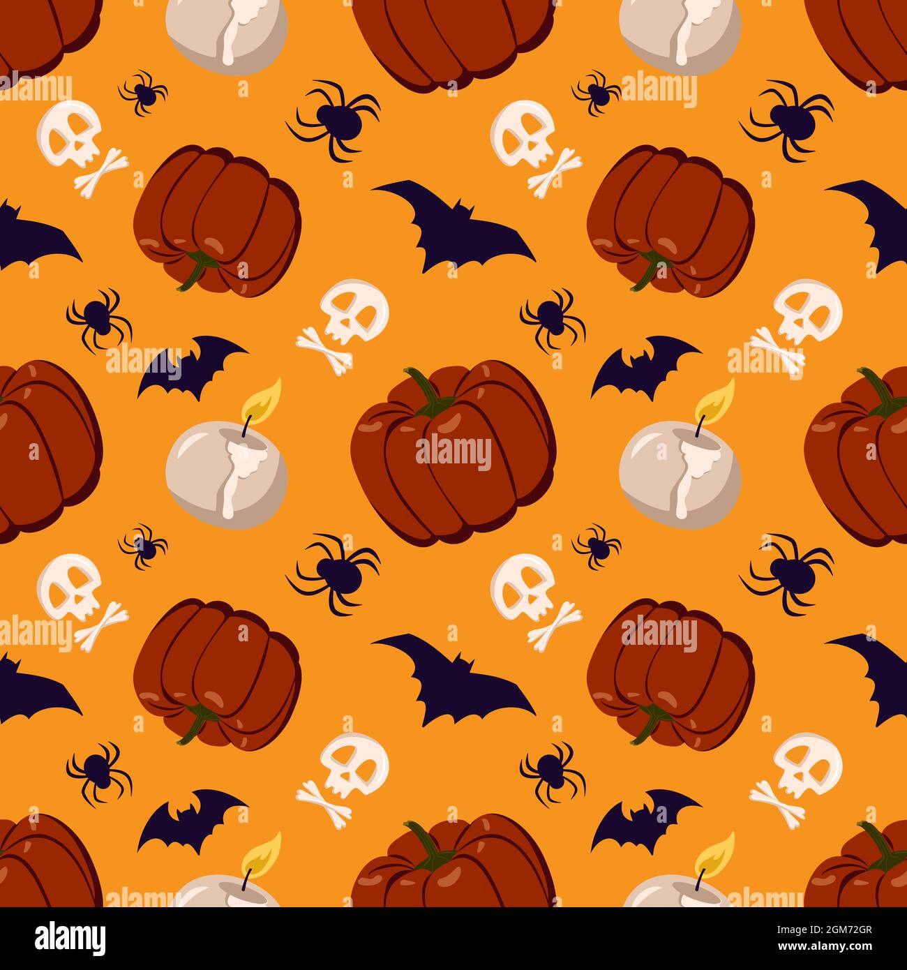 Seamless pattern with pumpkins, candles, spiders, bats and skulls ...