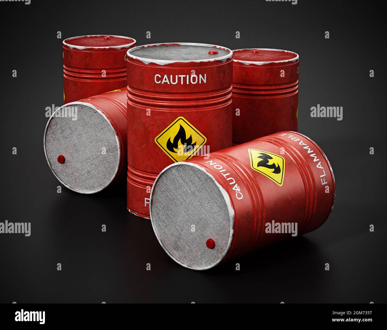 Red barrels with caution flammable warning text and fire symbol ...
