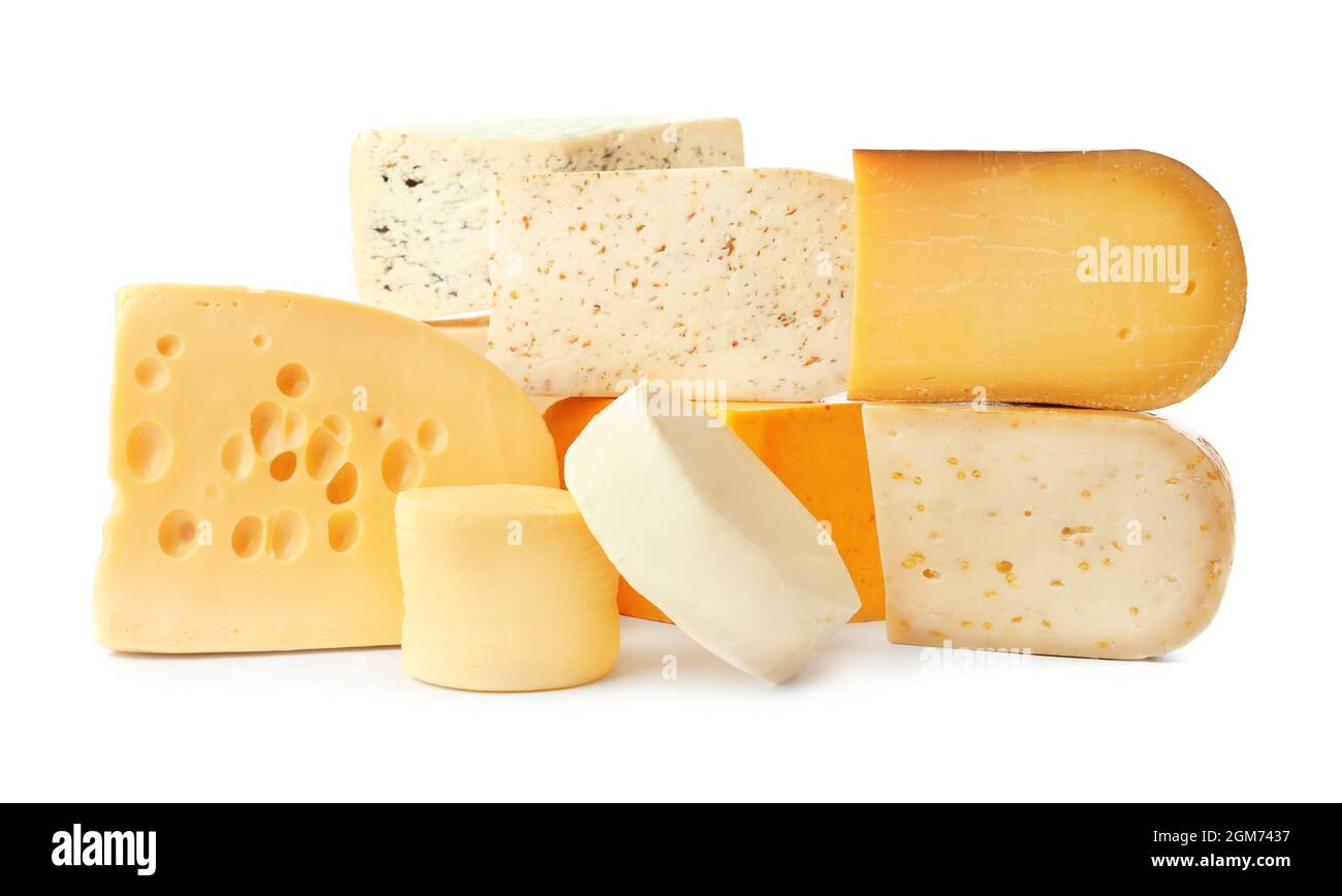 Different types of delicious cheese on white background Stock Photo - Alamy