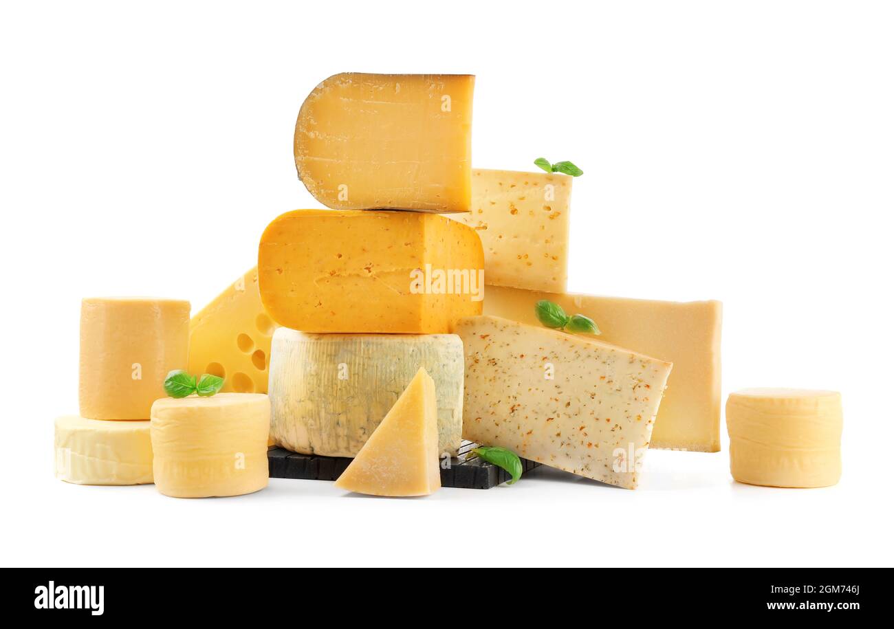 Different types of delicious cheese on white background Stock Photo - Alamy