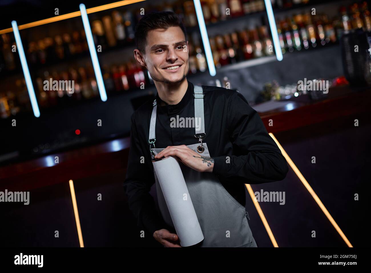 Handsome barman in apron standing at the bar counter Stock Photo - Alamy