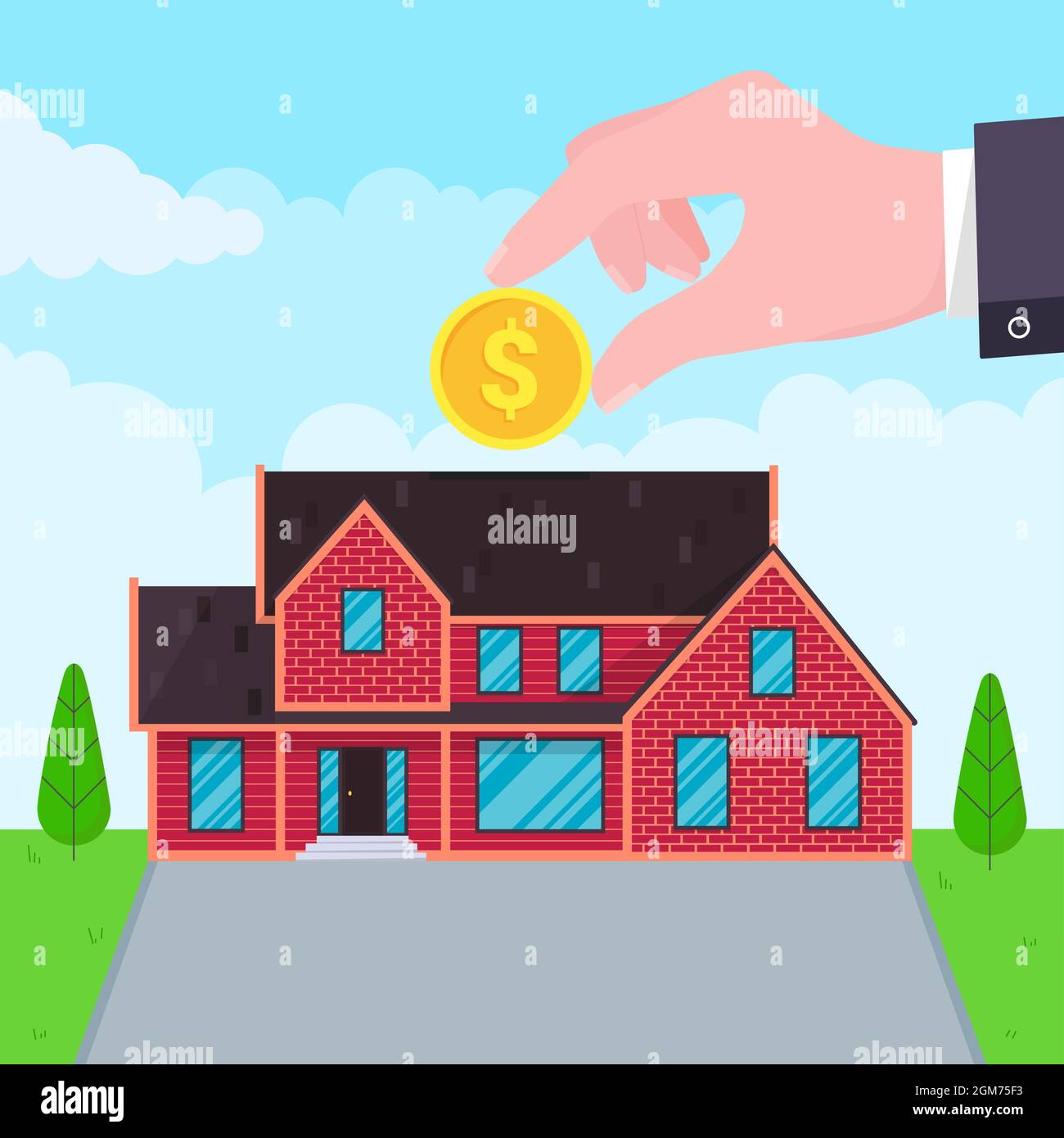 Hand puts coin in the house flat style design vector illustration Stock ...