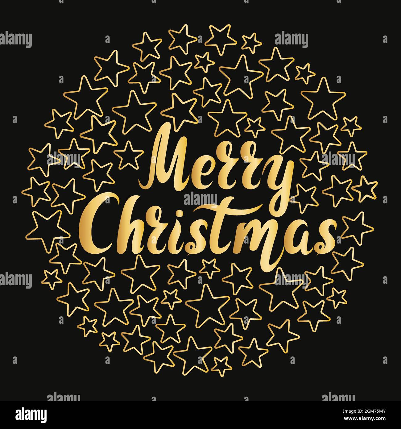 Christmas card with gold hand lettering and stars vector illustration. Merry christmas ...