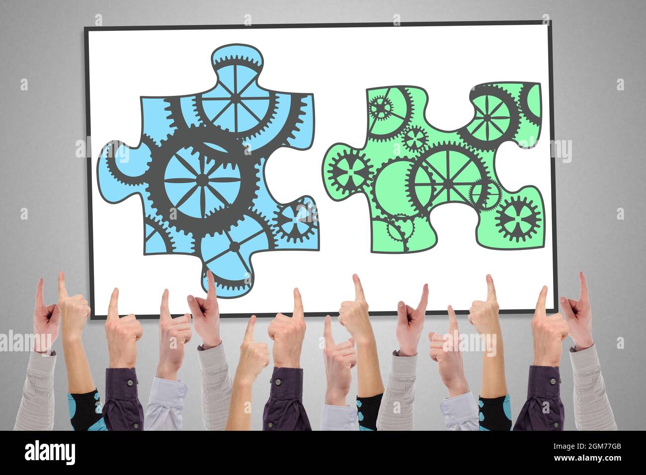 Teamwork concept on a whiteboard pointed by several fingers Stock Photo ...