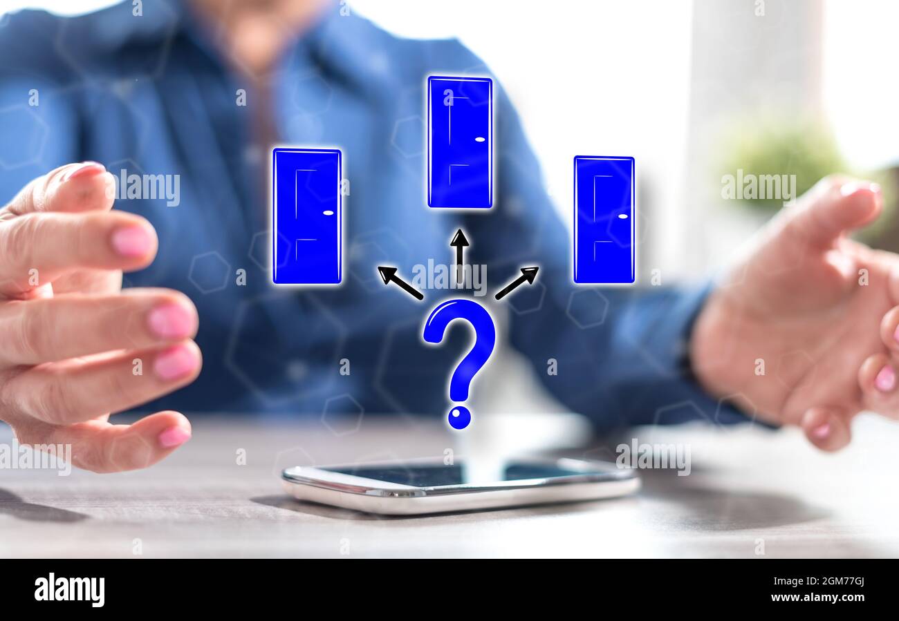 Smartphone with choice concept between hands of a woman in background ...