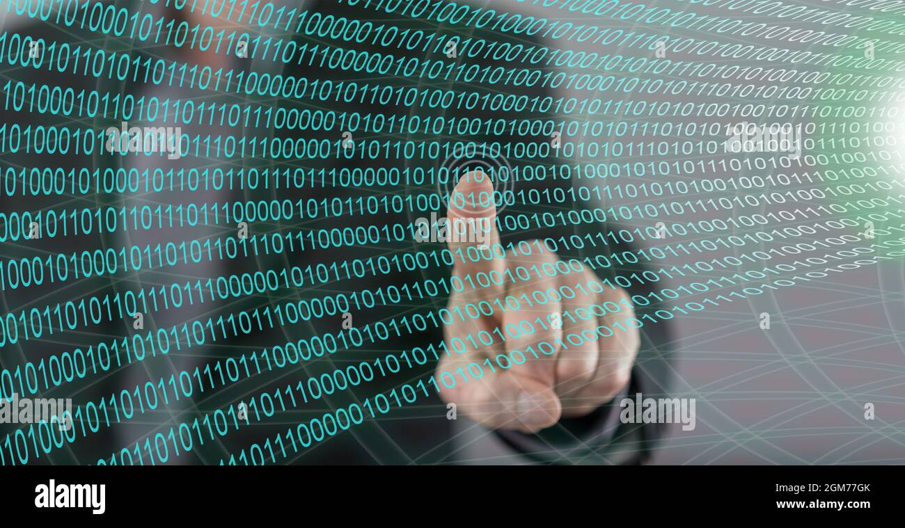 Man touching a digital technology concept on a touch screen with his ...