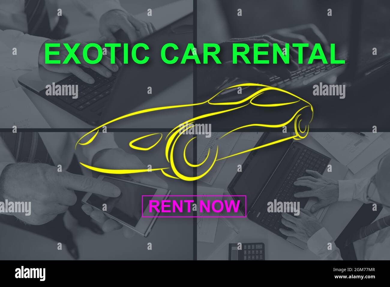 Exotic car rental concept illustrated by pictures on background Stock ...