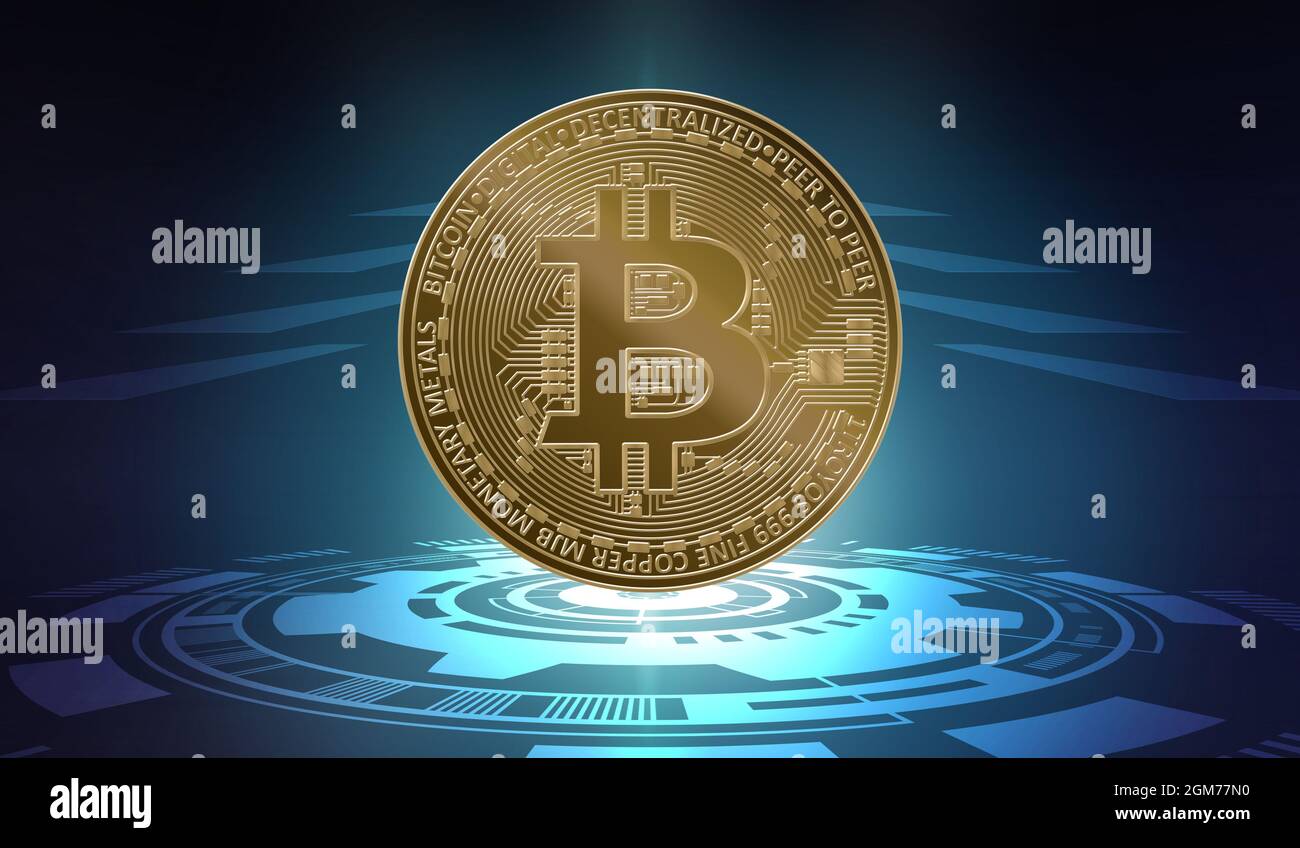 Bitcoin coin on dark blue background Stock Photo - Alamy