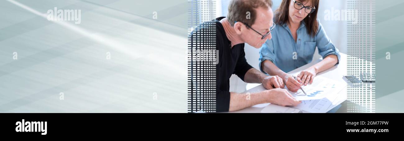 Coworkers having a business discussion in office. panoramic banner ...