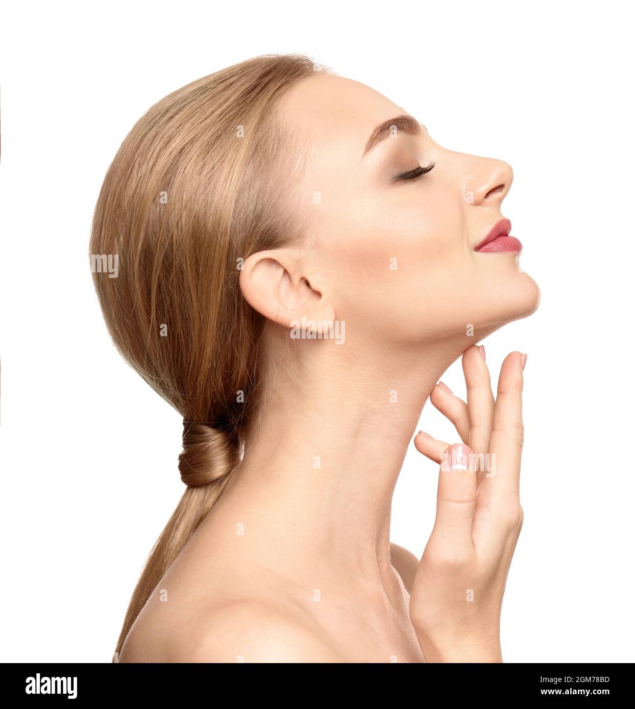 Portrait of beautiful young woman with clear skin on white background ...