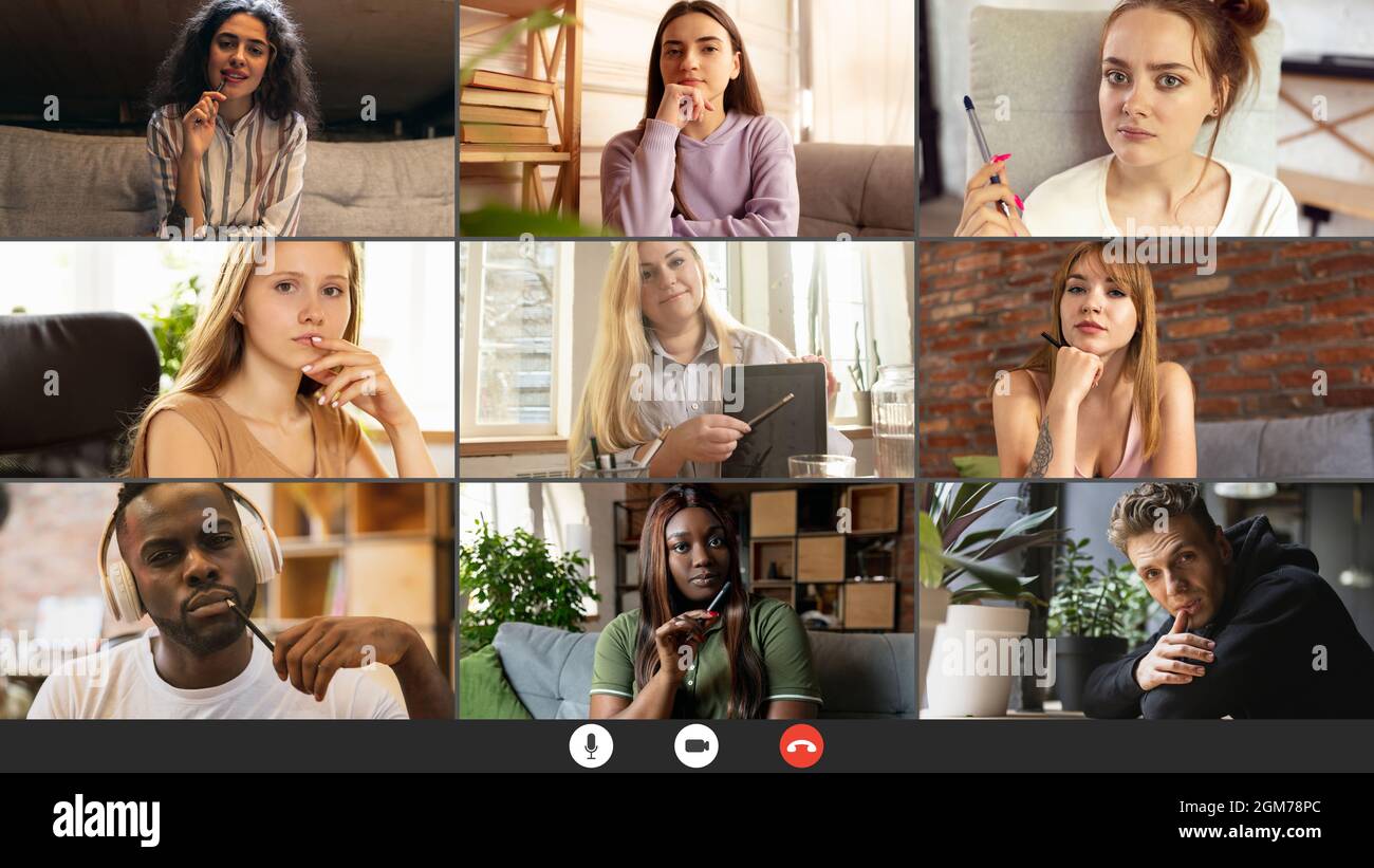 Remote education. Team working, students at online lesson, class via ...