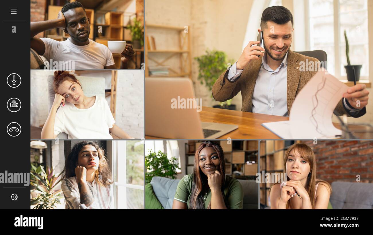 Group of men and women meeting via group video call share ideas ...