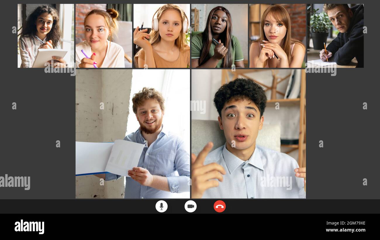 Remote education. Team working, students at online lesson, class via ...