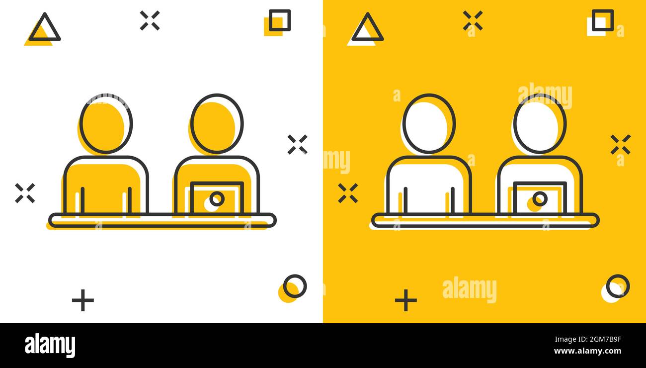 People with laptop computer icon in comic style. Pc user cartoon vector ...