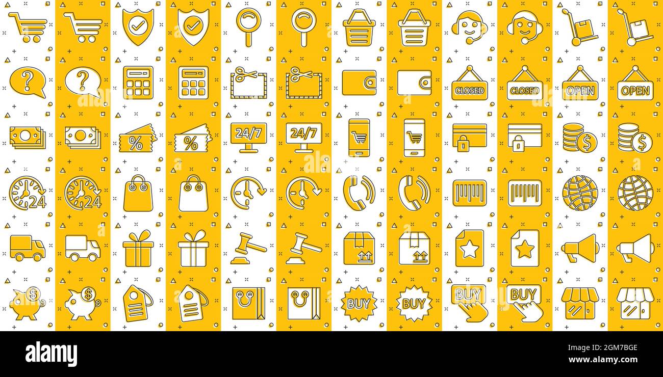 Shopping icon set in comic style. Online commerce cartoon vector ...