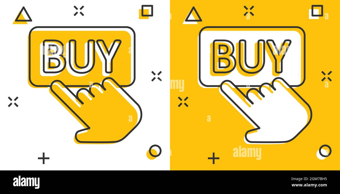Buy shop icon in comic style. Finger cursor cartoon vector illustration ...