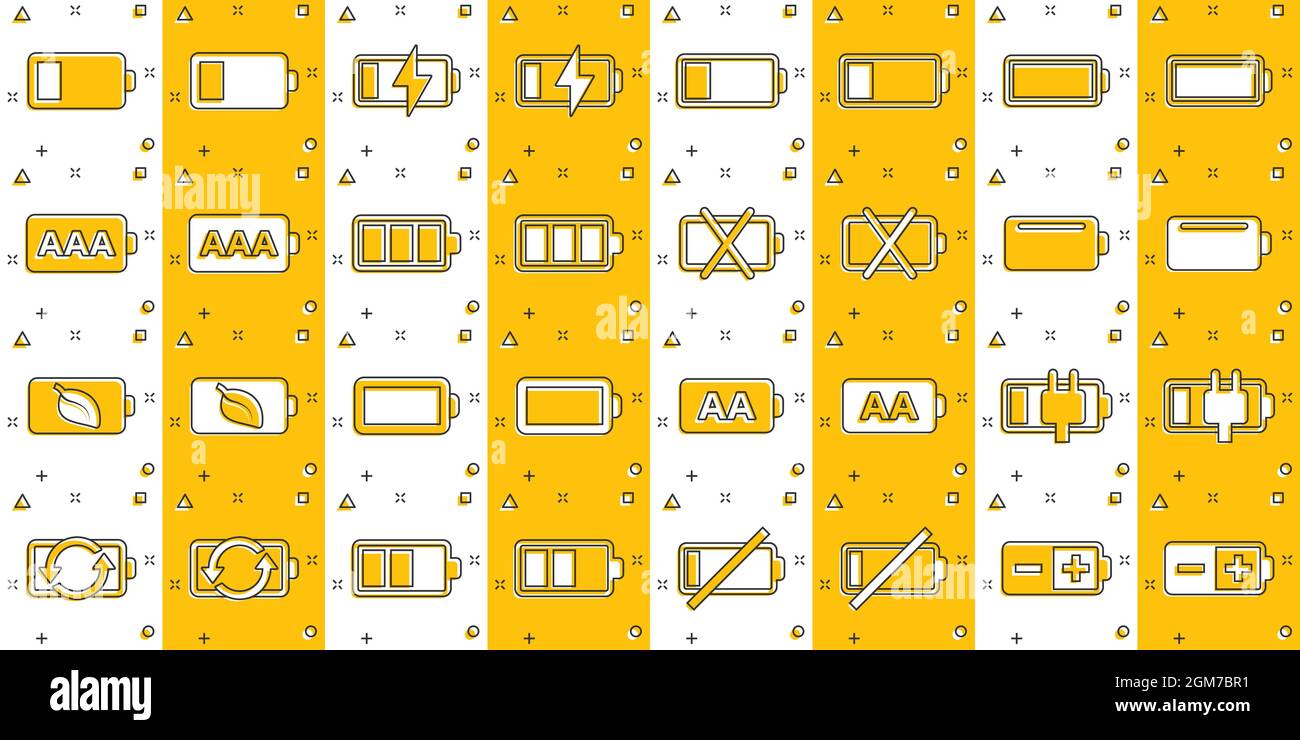 Battery charge icon set in comic style. Power level cartoon vector ...