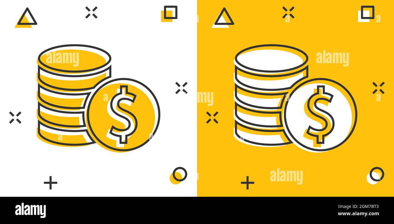 Coins stack icon in comic style. Dollar coin cartoon vector ...