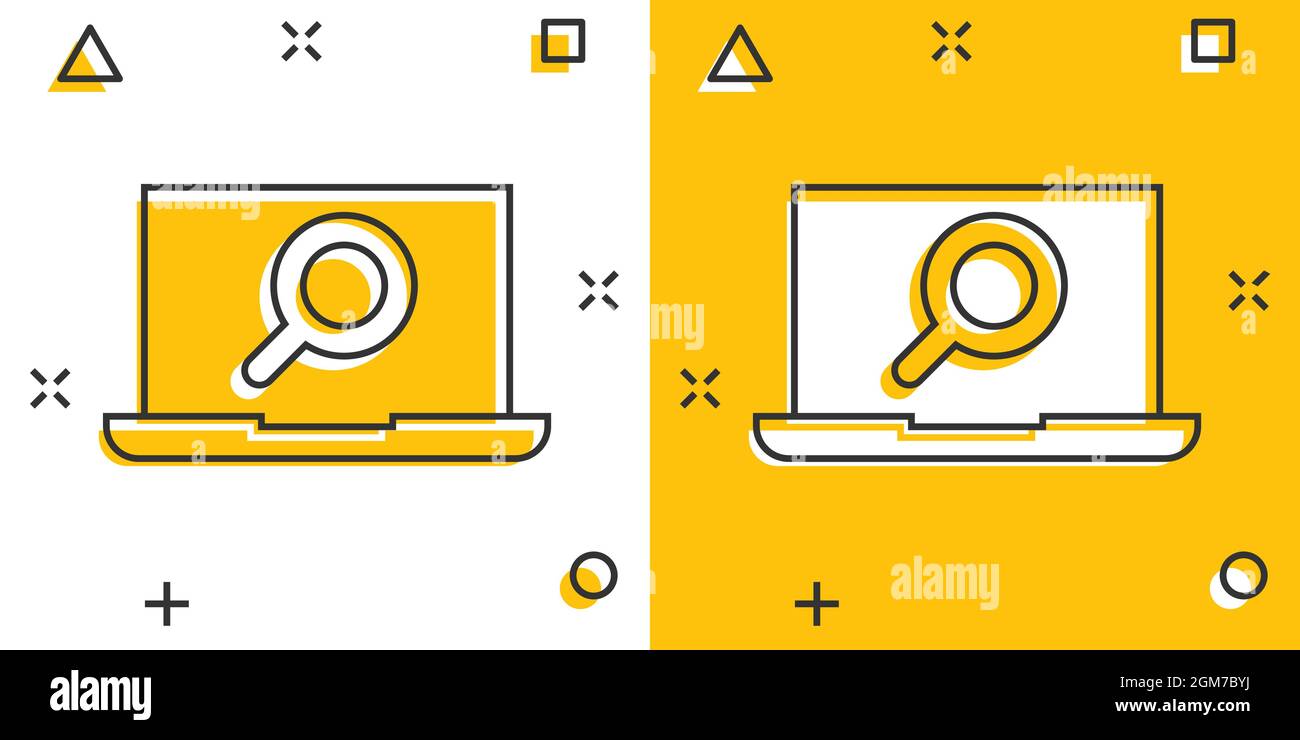 Computer search icon in comic style. Laptop with magnifying glass ...
