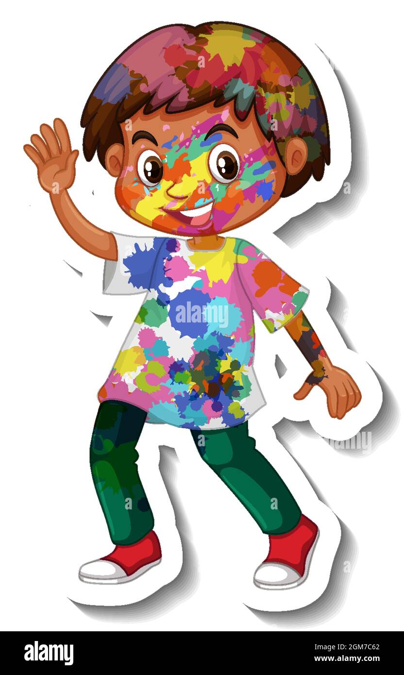 Happy boy with colour on his body sticker on white background ...