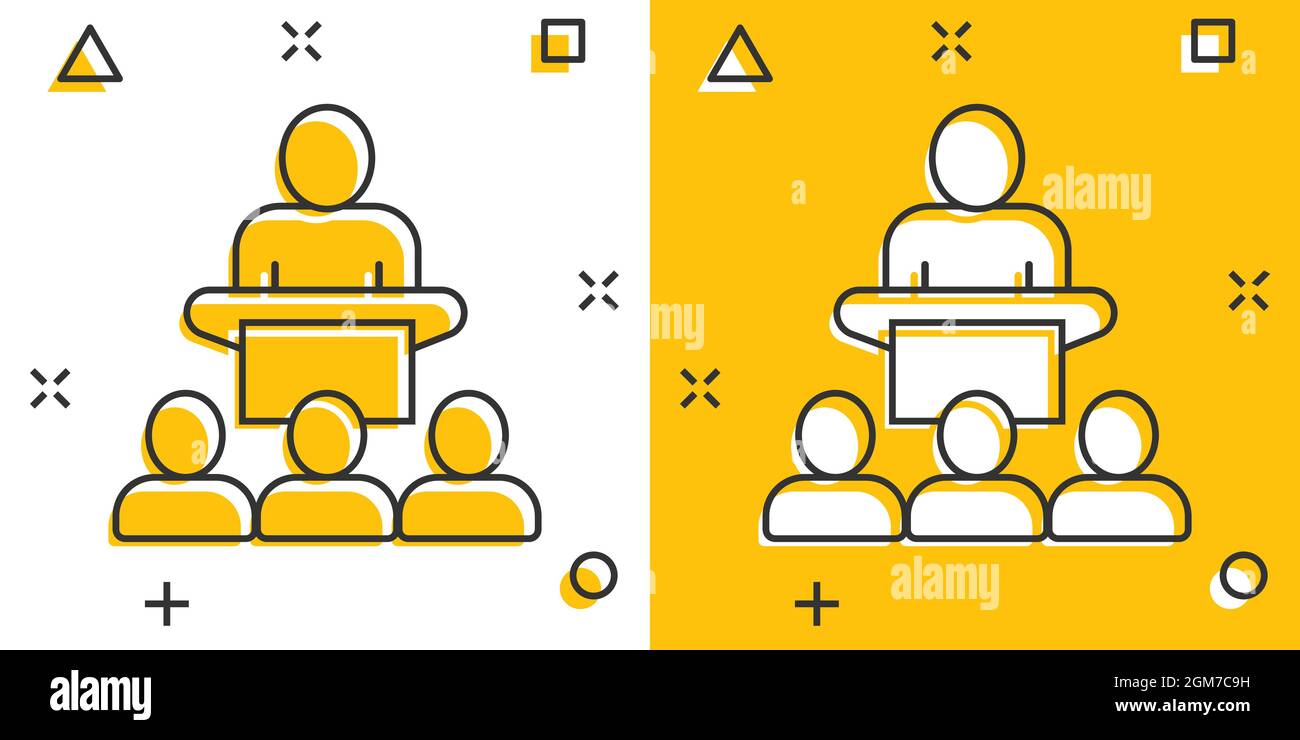 People on podium icon in comic style. Speaker cartoon vector ...
