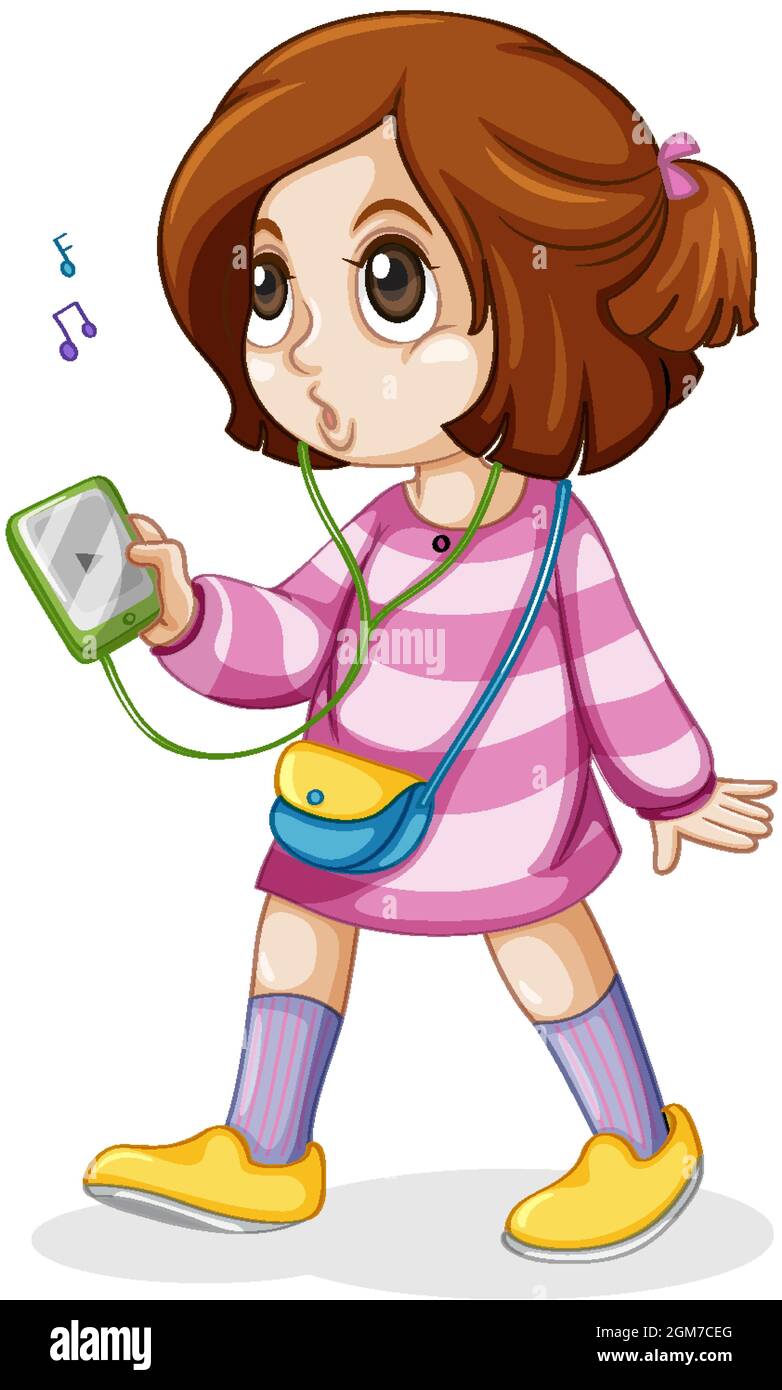 Cute girl in pink dress listening to music illustration Stock Vector ...