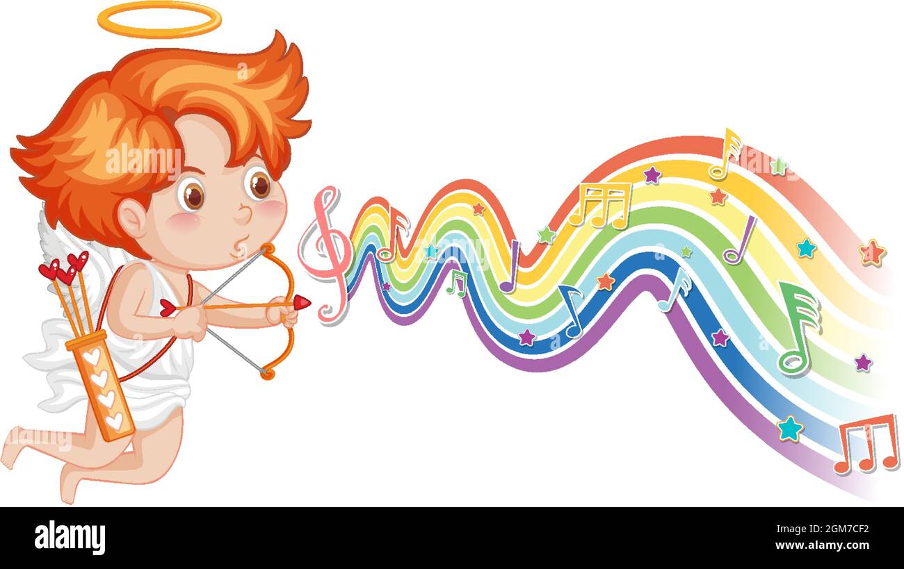 Cupid holding bow and arrow with melody symbols on rainbow wave ...