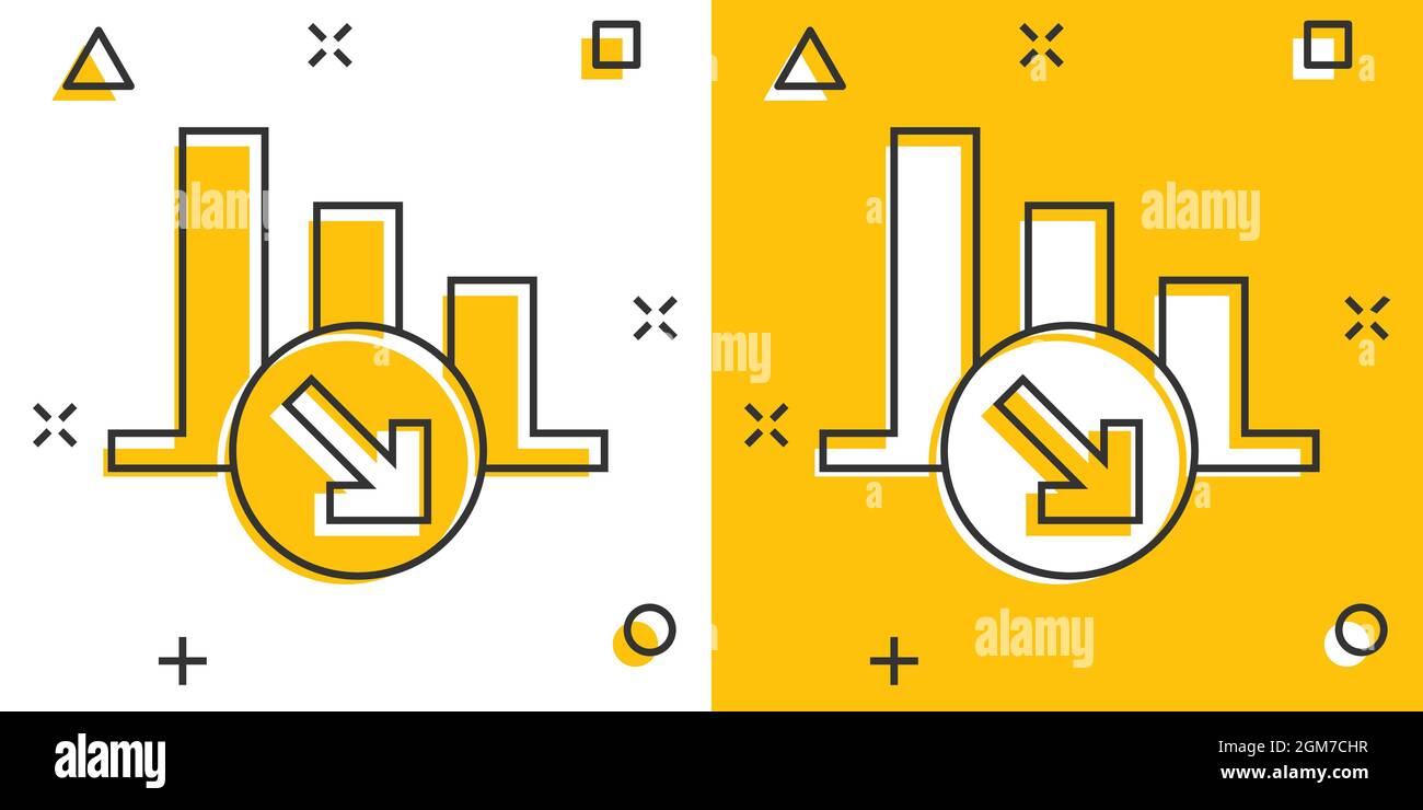 Market trend icon in comic style. Decline arrow with magnifier cartoon vector illustration on ...