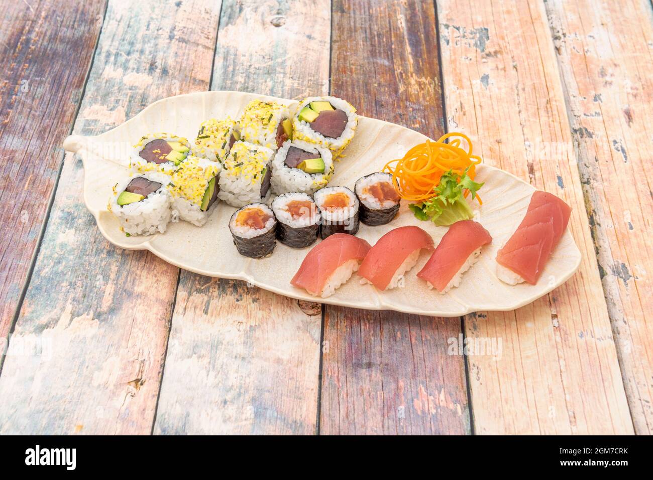 Assorted sushi tray with bluefin tuna nigiri, Japanese nori seaweed ...