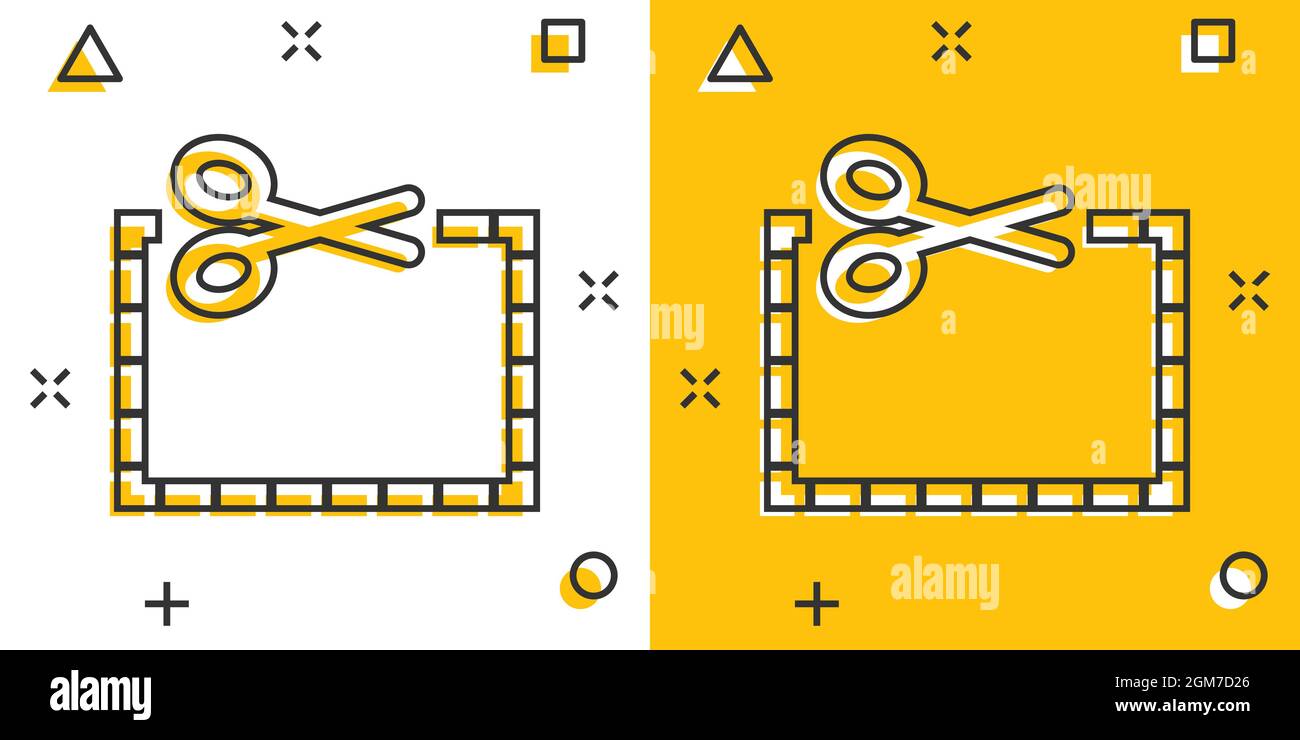 Coupon cut lines icon in comic style. Scissors snip cartoon sign vector ...