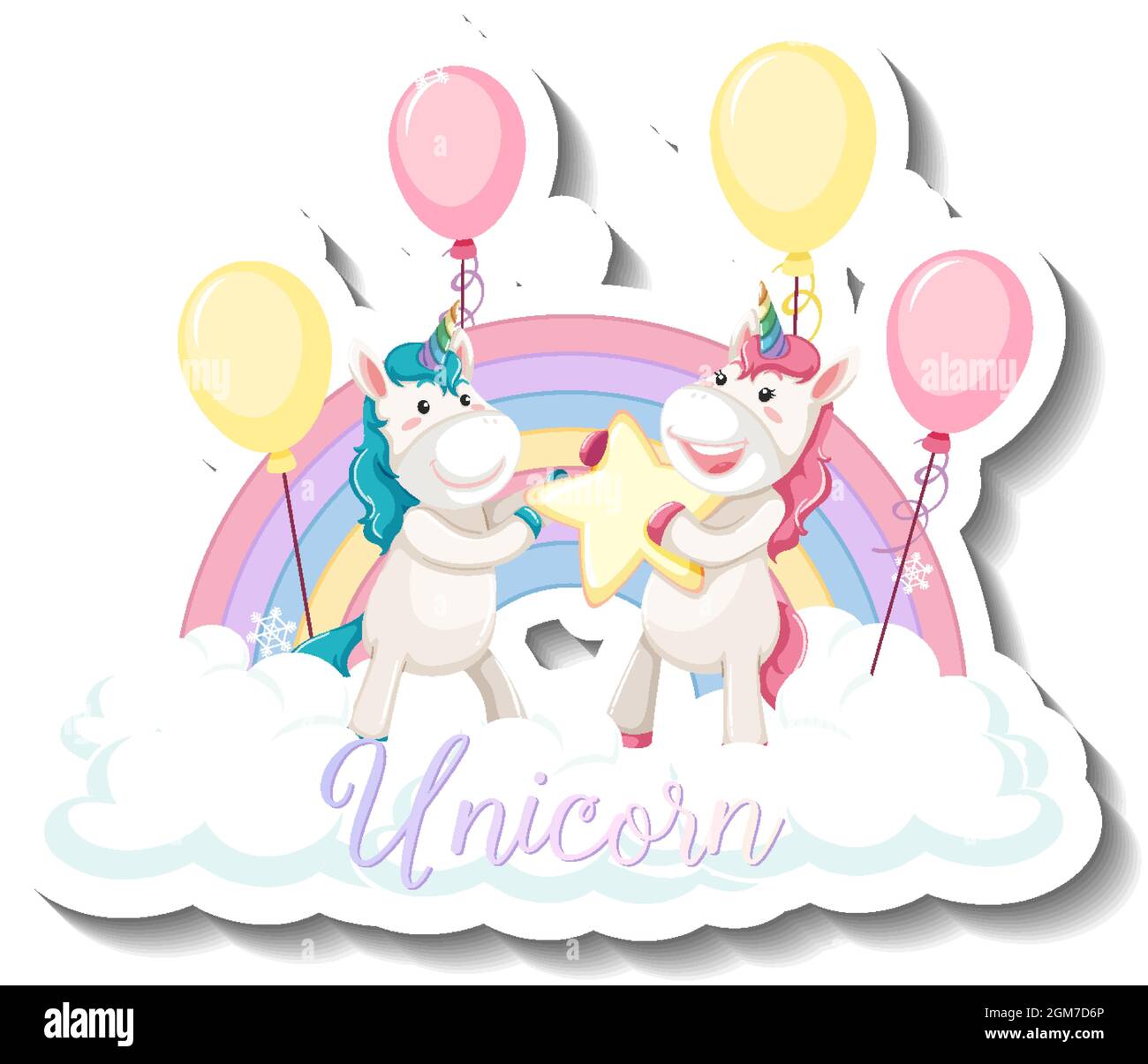 Two cute unicorns holding star together cartoon sticker illustration ...