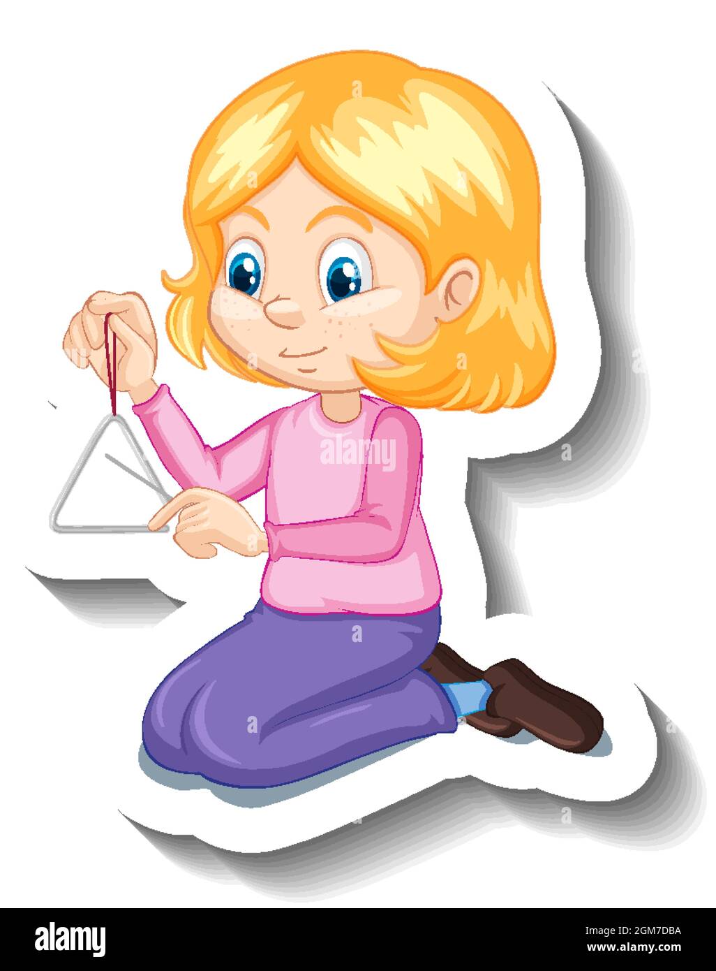 Cartoon character sticker girl playing triangle musical instrument ...