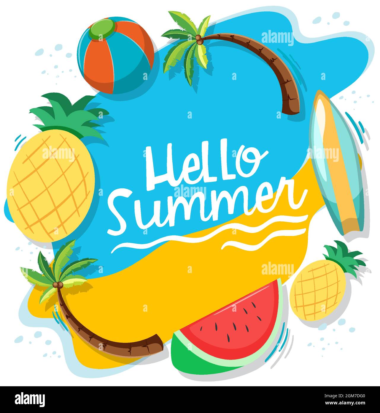 Hello Summer logo banner with tropical fruits isolated illustration ...