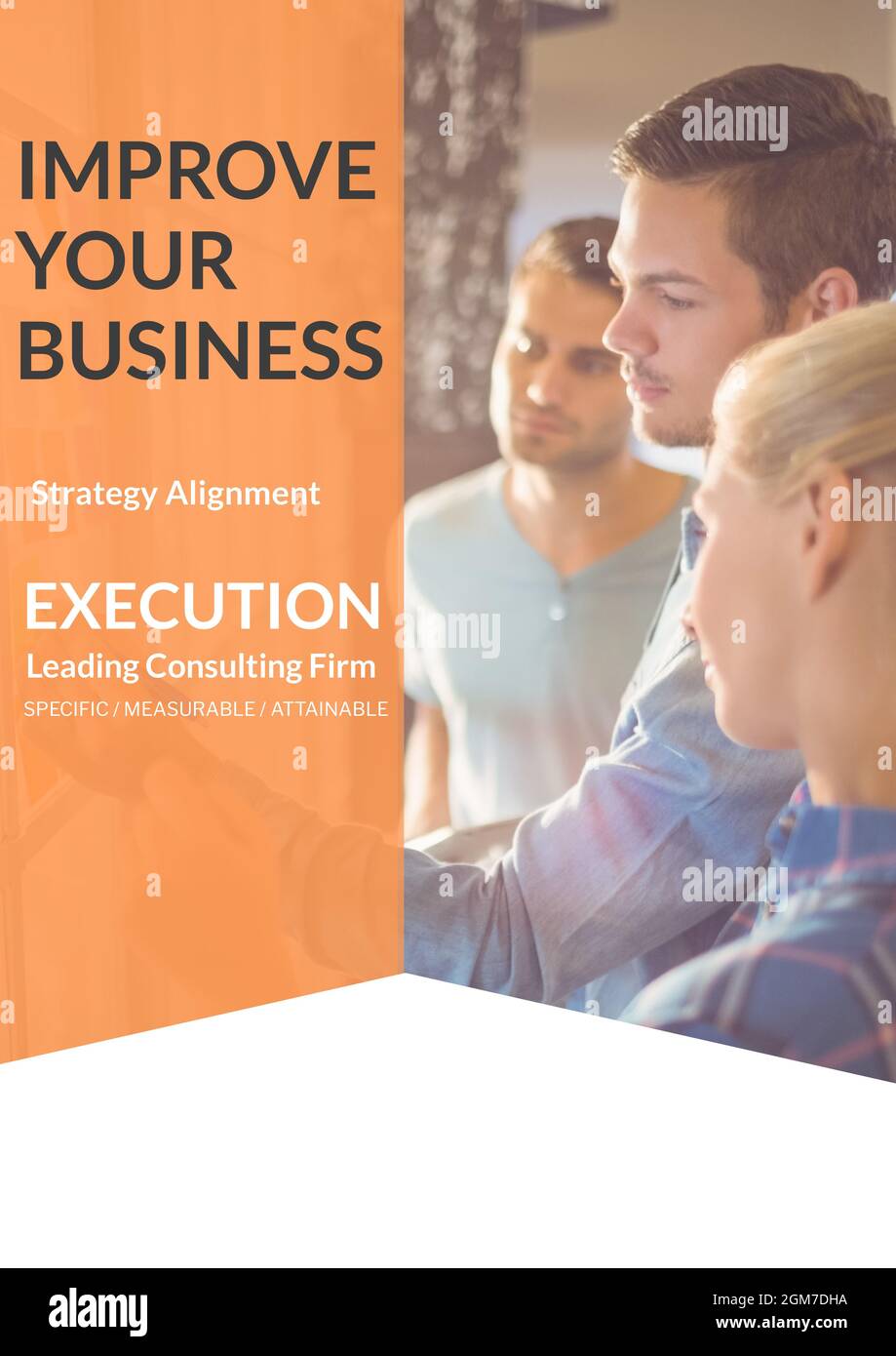 Improve your business text on yellow banner against group of office ...