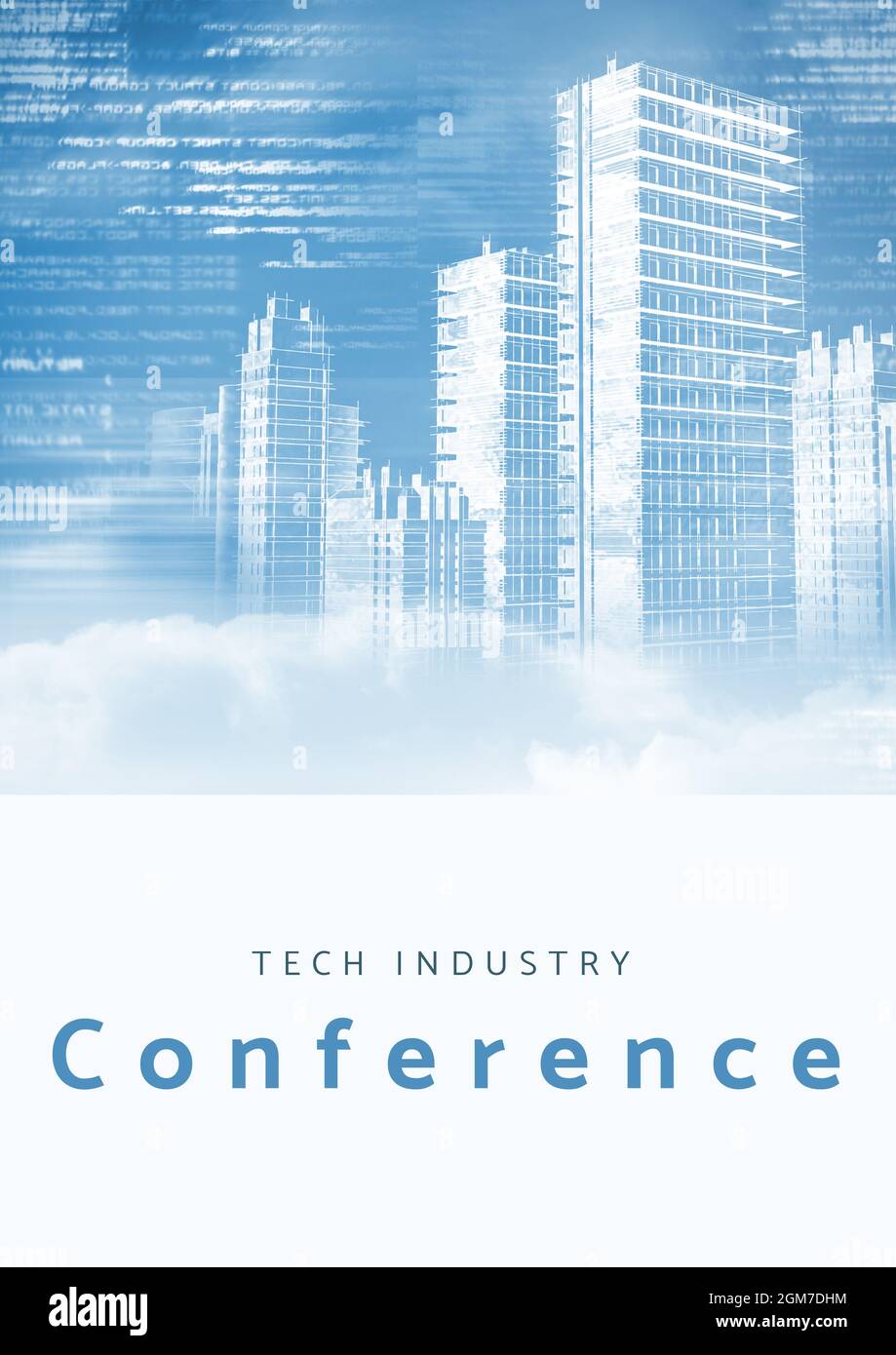 Tech industry conference text on white banner against tall buildings in ...