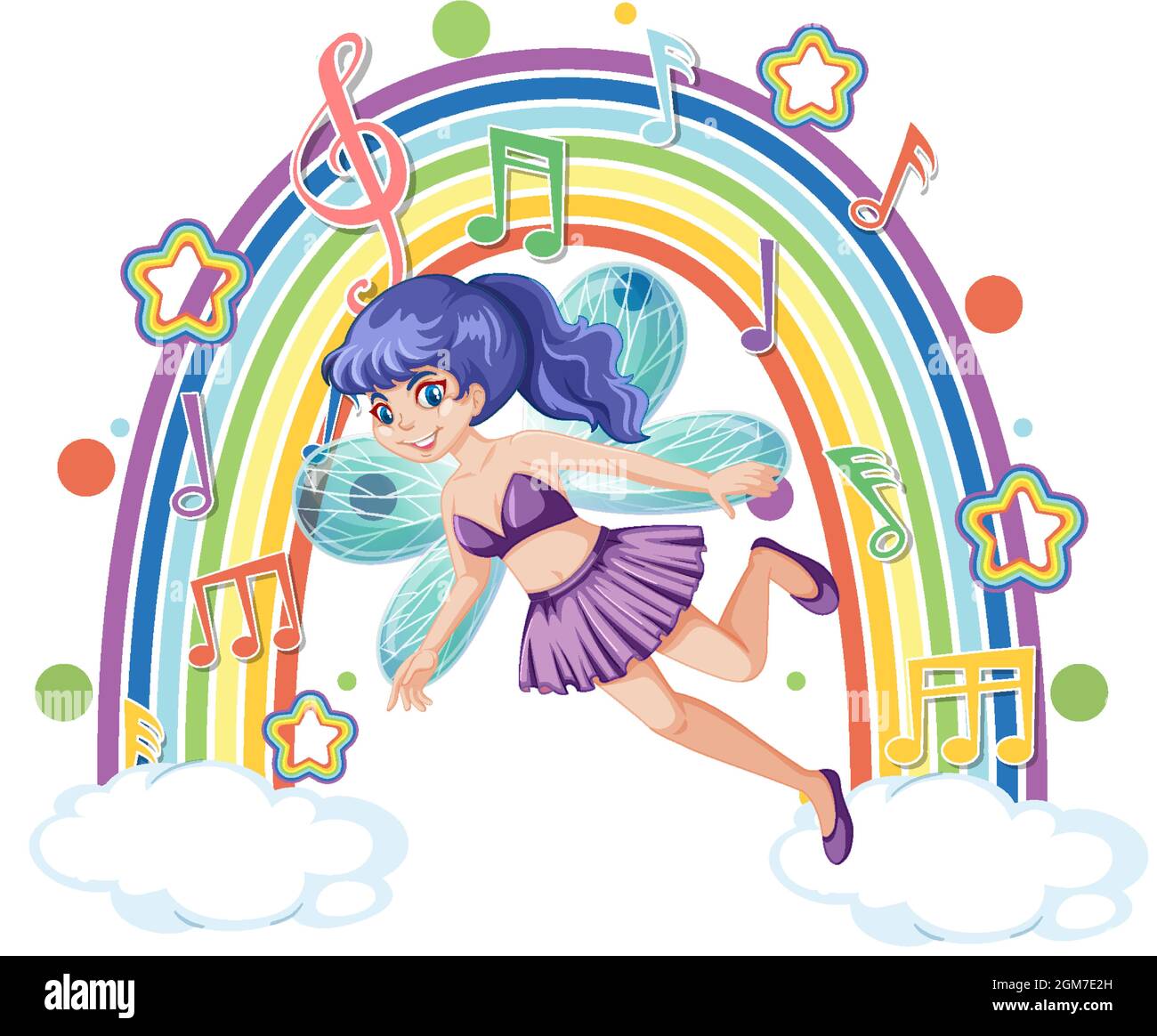 Beautiful fairy standing on a cloud with rainbow illustration Stock ...
