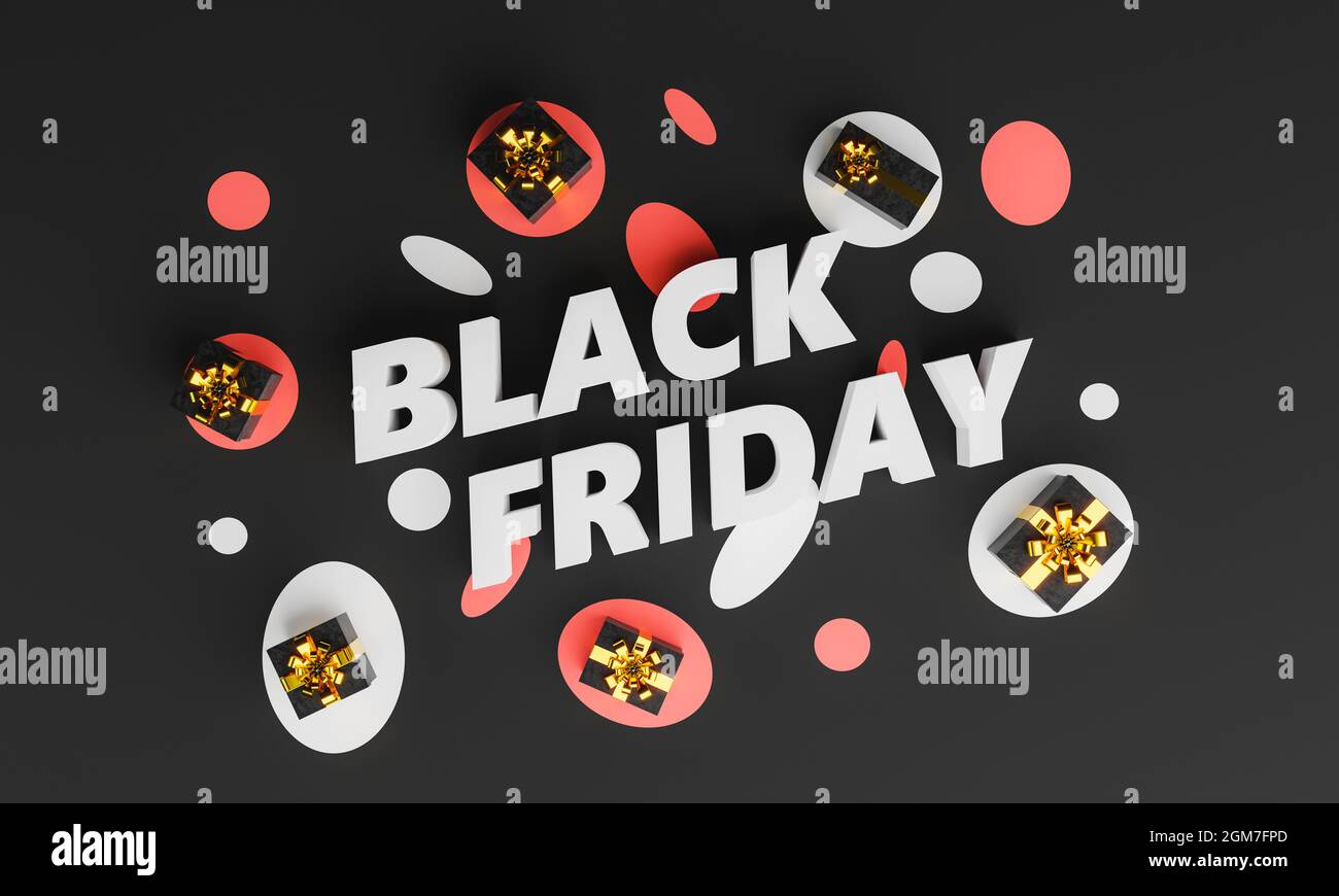 BLACK FRIDAY poster with gifts and circles around. 3d rendering Stock ...