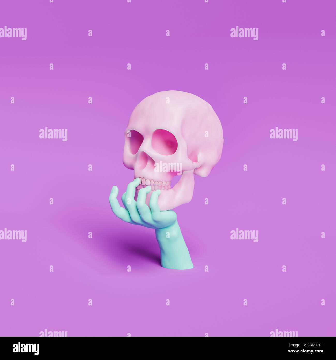 pensive skull posed on a hand with vivid colors. 3d rendering Stock ...
