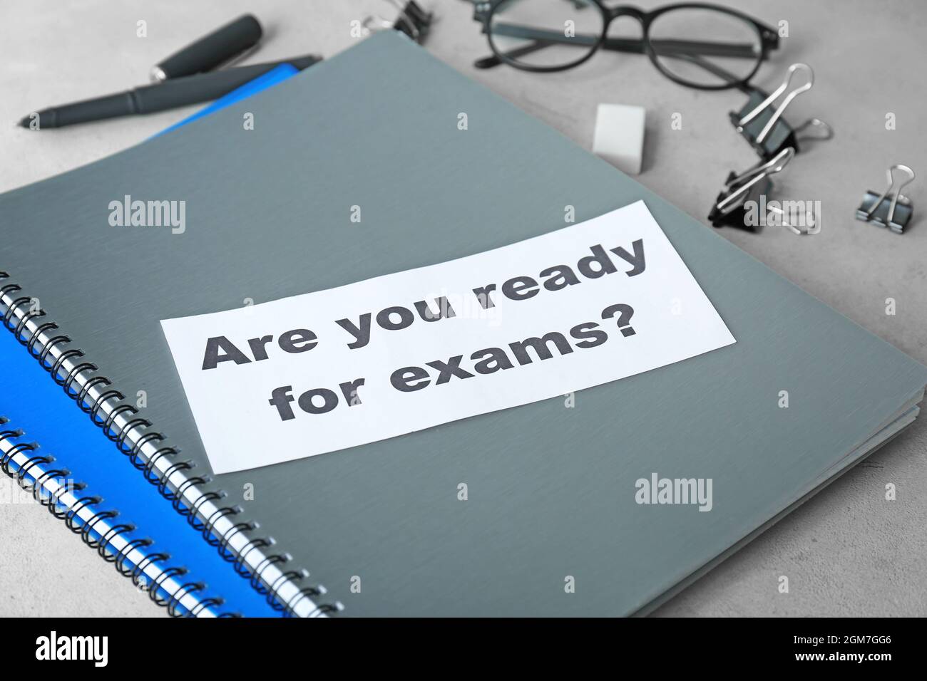 Paper with question "Are you ready for exams?" on notebooks Stock Photo ...